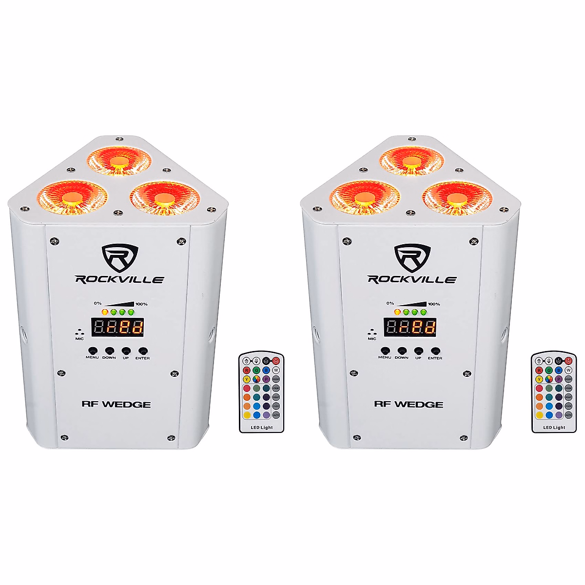 2 Rockville RF Wedge White RGBWA+UV Battery Wireless DMX DJ Up Lights+RF Remotes
