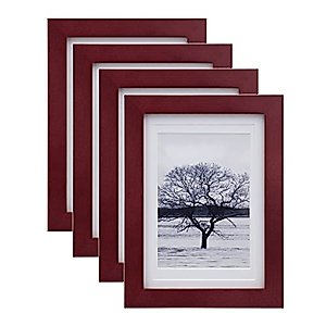Egofine 5x7 Picture Frames 4 Pack Covered by Plexiglass for Picture 4x6 with Mat or 5x7 whitout Mat Made of Solid Wood for Table Top Display and Wall Mounting Photo Frame, Cherry Red