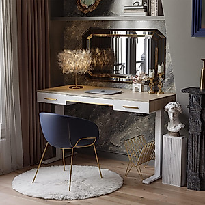 FEZIBO Mid Century Modern Standing Desk with 3 Drawers, 55 x 26 Inches Whole-Piece Sit Stand Up Desk for Home Office, White Top with White Frame (2 Packages)