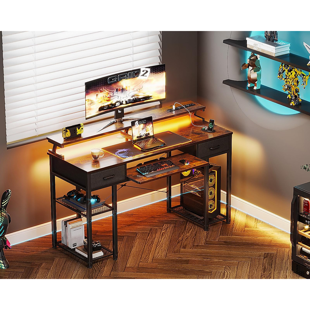 ODK Computer Desk with LED Lights & Power Outlet, 48 Inch Gaming Desk with Keyboard Tray & Drawers & Storage Shelves, Office Table Work Desk with Monitor Stand & PC Stand, Rustic Brown