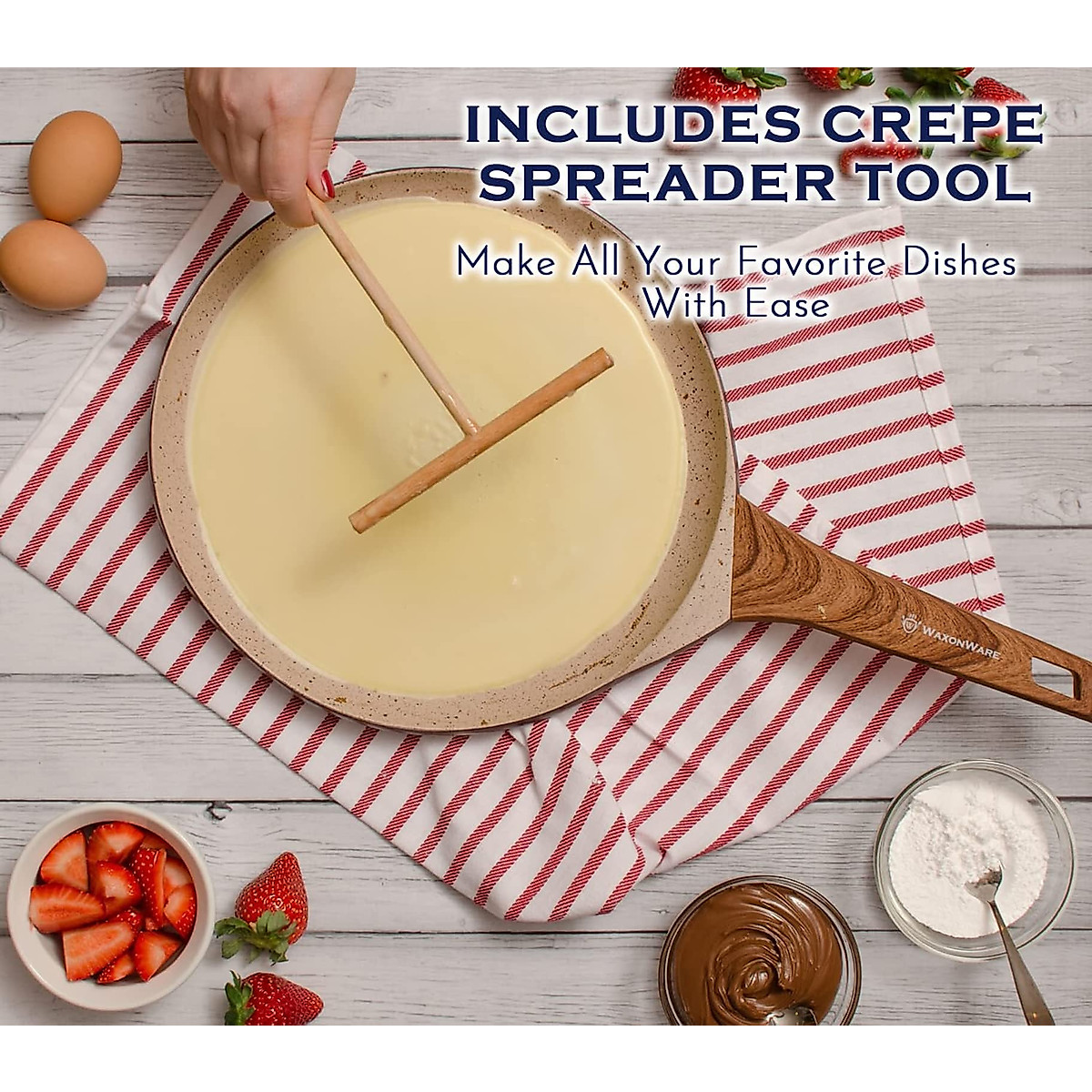 WaxonWare 11 inch Nonstick Crepe Pan Set with Crepe Spreader: Marbellous Series Flat Stove Top Nonstick Pan for Crepes, Tortilla, and Dosa - 100% PFOA Free Non Stick German Coating - Pancake Pan