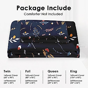 Duvet Cover Full Size, Autumn Orange Red Blue Bedding Set with Zipper Closure for Kids and Adults, Grey Leaves Flower Comforter Cover with 2 Pillow Shams for Bedroom Bed Decor