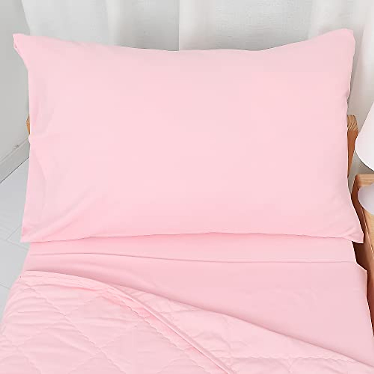 TILLYOU 5-Piece Solid Toddler Bedding Set for Boys or Girls, Bed-in-a-Bag Microfiber Comforter Set, Includes 1 Top Flat Sheet, 1 Mattress Sheets, 1 Padded Quilt and 2 Envelope Pillowcases, Pink