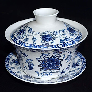 vv8oo Gaiwan 6.8oz/10oz Gongfu Tea Jingdezhen Ceramic Tureen Teacup Sancai Golden Lotus Saucer Set (10oz/300cc)