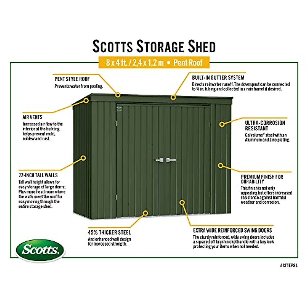 Scotts 8' x 4' Garden Storage Shed Outdoor Lockable Water-Resistant Steel Building with Tool Hanger and Pent Roof, Green