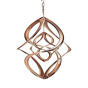 Wind & Weather Copper-Plated Dual Spiral Hanging Metal Wind Spinner, Steel, Ultra-Sensitive, Double Spinner, Kinetic Garden Art, Spinner 10" Dia. x 11" H, Chain 3" H