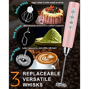Nahida Pink Milk Frother Wand for Coffee, Frother Handheld with Stand Rechargeable Electric Whisk with 3 Heads 3 Speeds Drink Mixer Coffee Frother Foam Maker For Latte, Cappuccino, Hot Chocolate, Egg