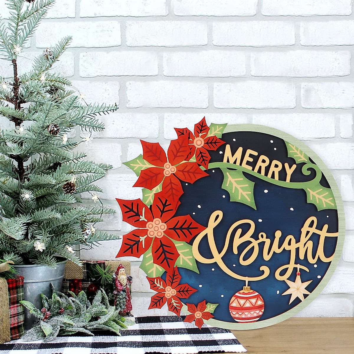 CHDITB Christmas Decoration Merry & Bright Door Sign(11.4"x11.4"), Wooden 3D Christmas Wall Hanging Sign with Mistletoe Jingle Bell, Cute Housewarming Gift for Home Office Xmas New Year