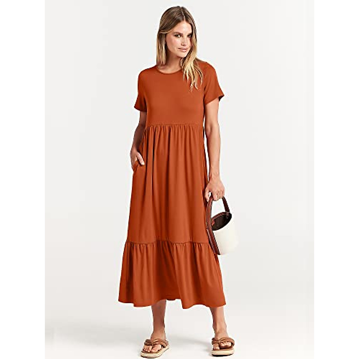 ANRABESS Women's Summer Casual Short Sleeve Crewneck Swing Dress Casual Flowy Tiered Maxi Beach Dress with Pockets 727zongse-S