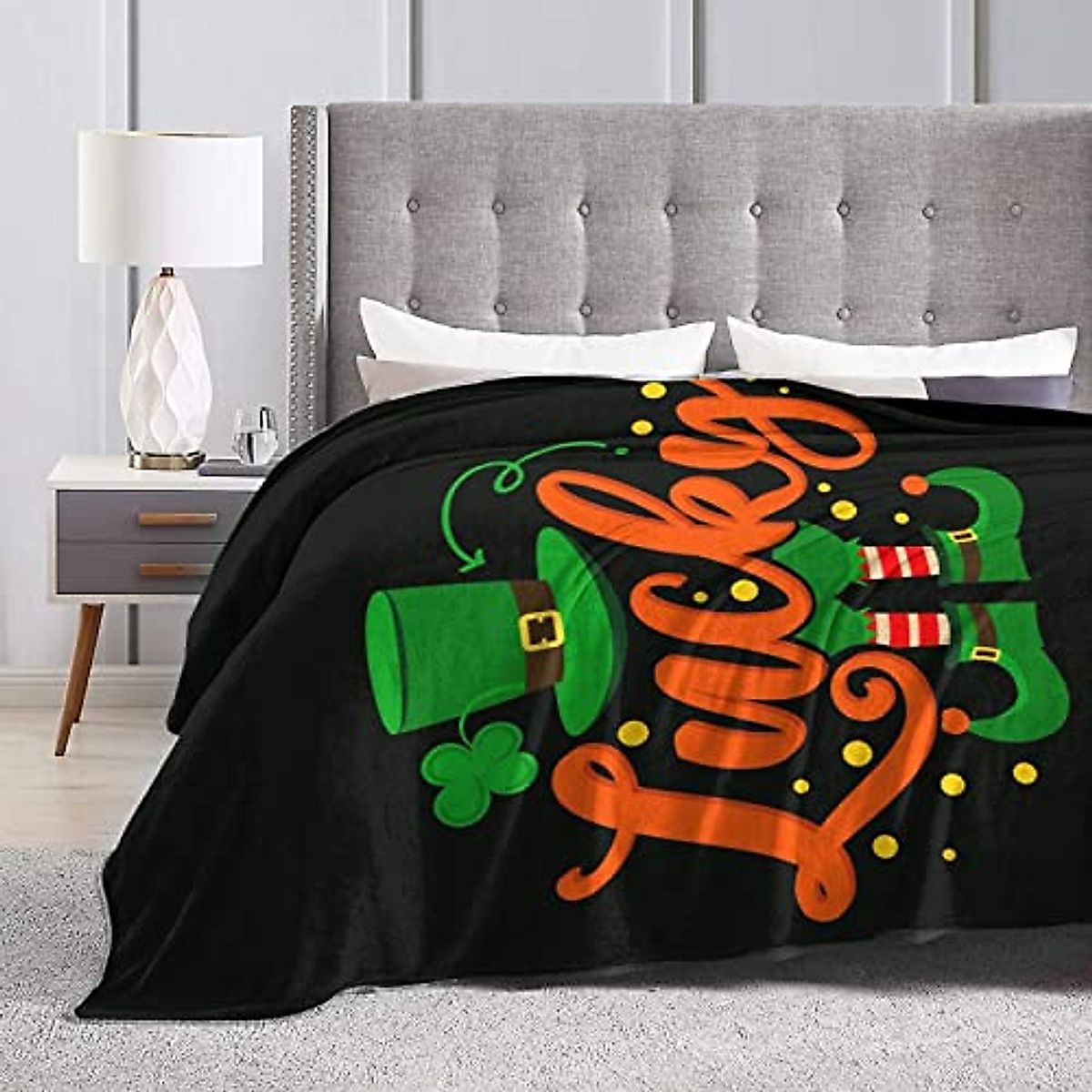 Lucky - Funny St Patrick's Day Irish Leprechaun Throw Blanket Soft Warm Cozy Lightweight Blankets Lucky Green Day Gift Flannel Blanket for Sofa Couch Bed Office Holiday Decorative 50"X40"