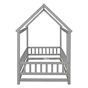 DEYOBED Twin Size Wooden Bed with House Roof Frame and Fence Guardrails, Twin Size Floor Bed Frame for Children - Gray Floor Bed