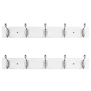 ROOREVO Wall Mounted Coat Rack with 5 Hooks - 2 Pack - Wall Coat Hooks Wall Hat Hanger, Satin Nickel & White