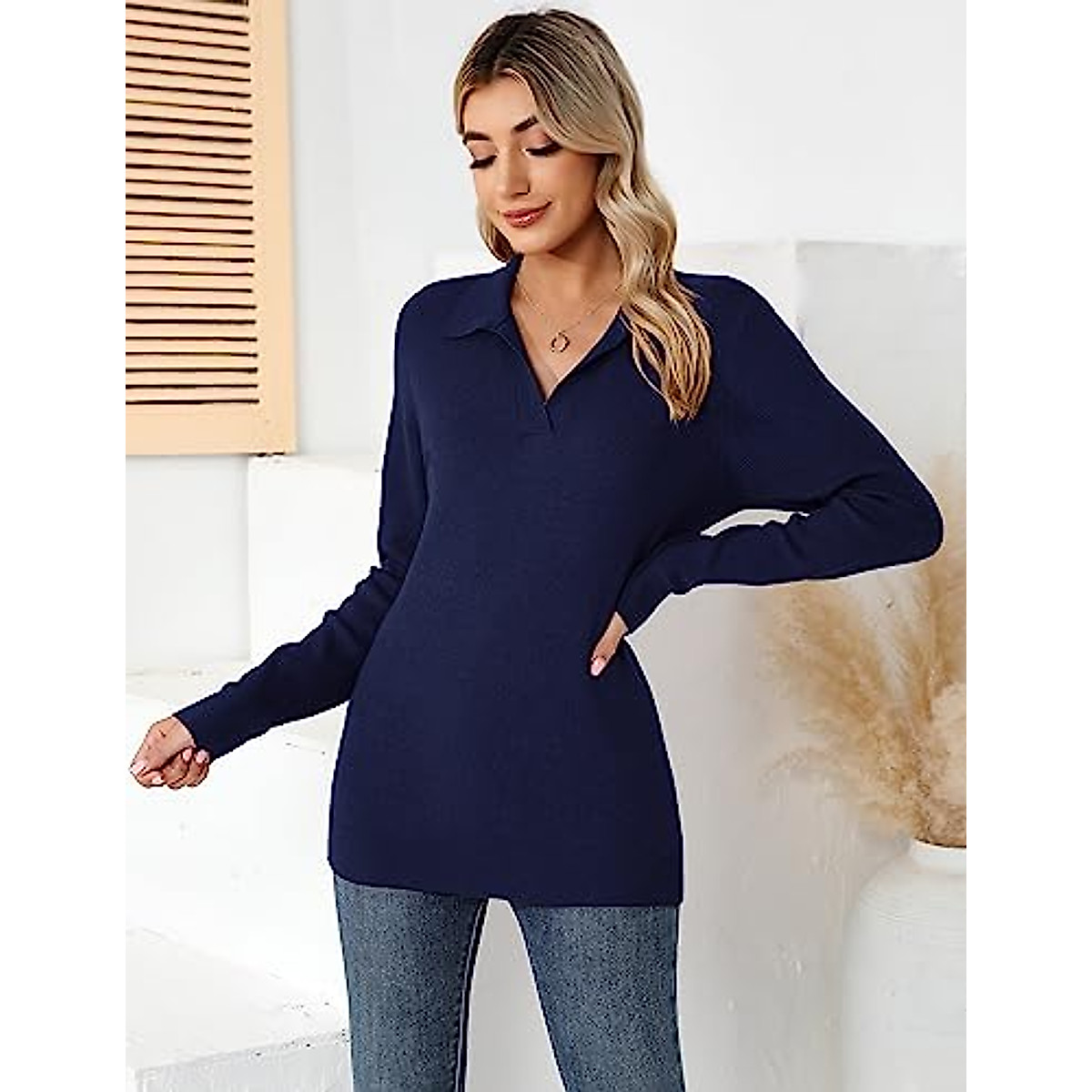 Romanstii Women's Knitted Polo Sweaters Long Sleeve V Neck Collared Shirts Winter Pullover Tops,Navy Blue,L