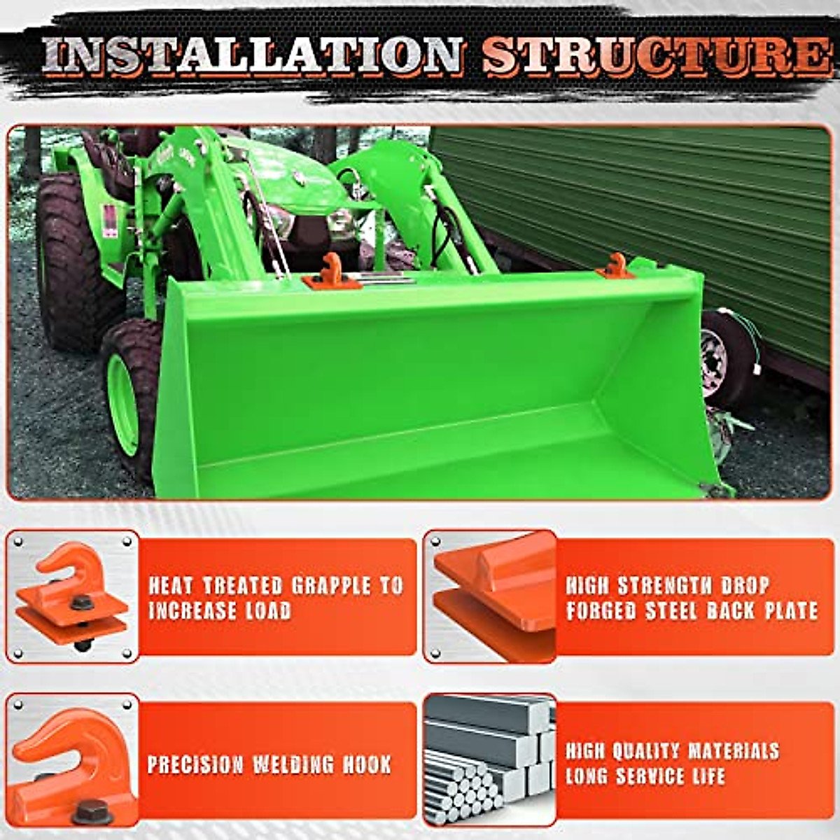 AMBULL 2 Pack 3/8" Tractor Bucket Grab Hook Grade 70 Forged Steel Bolt On Grab Hook Tow Hook Mount with Backer Plate,Work Well for Tractor Bucket, RV, UTV,Truck, Max 15,000 lbs, Orange