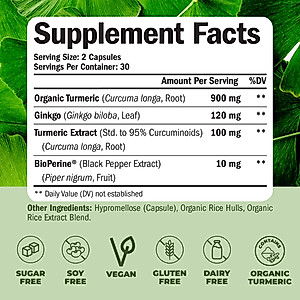 Turmeric Curcumin with Black Pepper and Ginkgo Biloba supplements. Natural Turmeric Supplement with Organic Tumeric to aid Joint Health, Brain Clarity, Focus, Memory, and Concentration. Vegan. 60 Caps