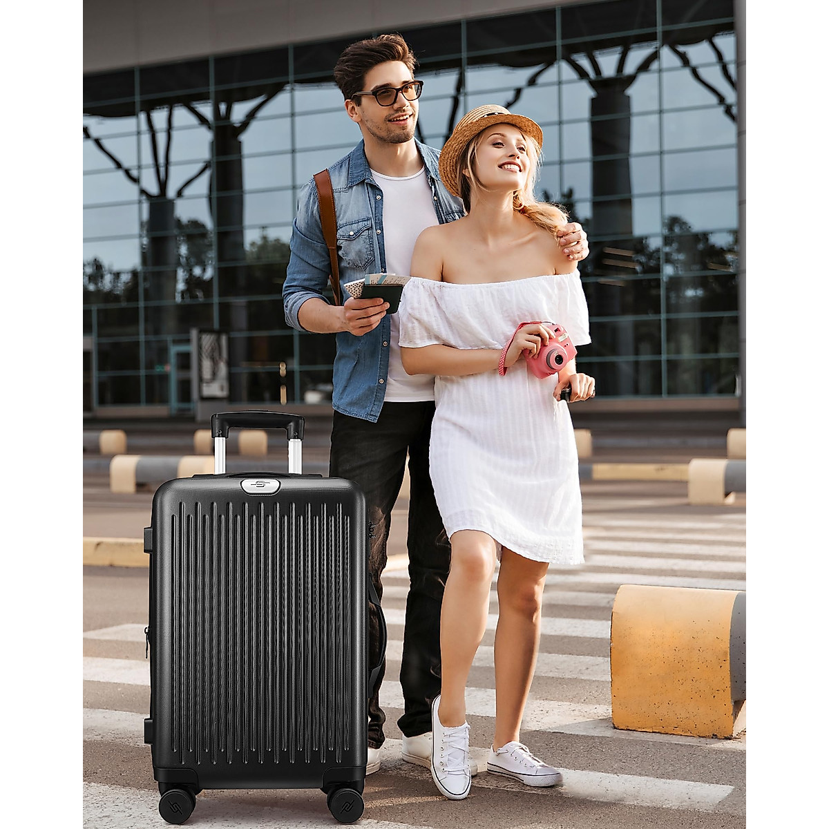 3 Piece Luggage Sets Expandable, Hardshell Travel Suitcase with Double Spinner Wheels and TSA Lock, (Black)