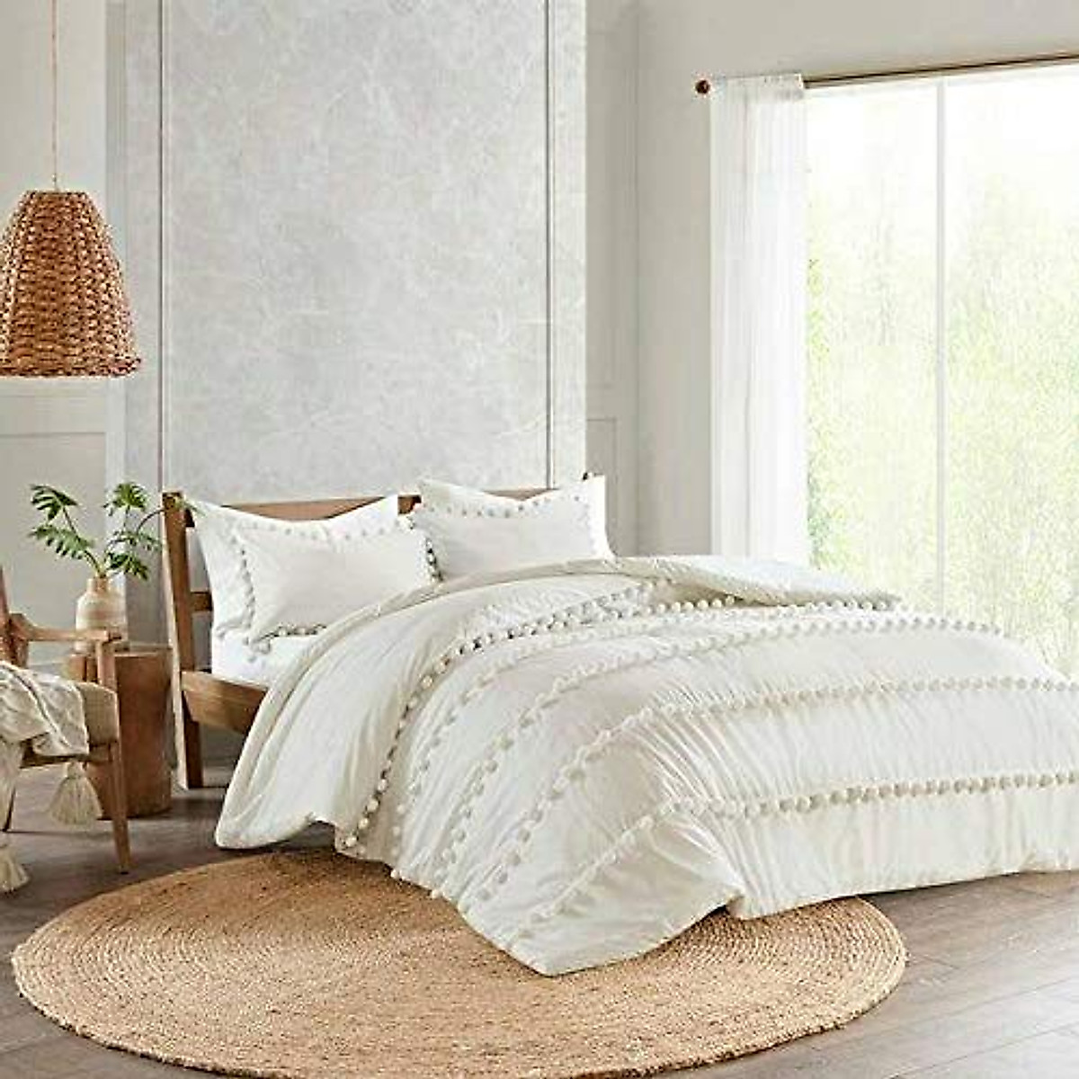 Bohemian Dorm Decor Off White Doona Duvet Cover with Pom Pom Lace Boho Comforter cover Quilt Cover Bedding Sheet Boho Bedspread With 2 Pillowcases 2 Cushion covers Set (Twin Size 60x90 Inches)