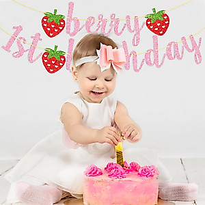 Berry First Birthday Banner, Glitter Strawberry Banner, 1st Birthday Decor (Pink)