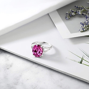Gem Stone King 925 Sterling Silver Pink Created Sapphire Ring For Women (7.50 Cttw, Gemstone September Birthstone, Oval 12X10MM, Available In Size 5,6,7,8,9)