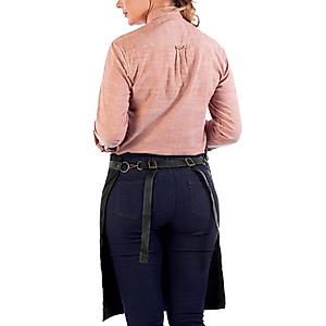 Under NY Sky Barista Apron - Black Leather Straps and Reinforcement - Riveted Pockets - Double Stiched - Leather Ring Loop - Professional Black Twill - Double as Half Bistro Apron - Chefs, Bartender