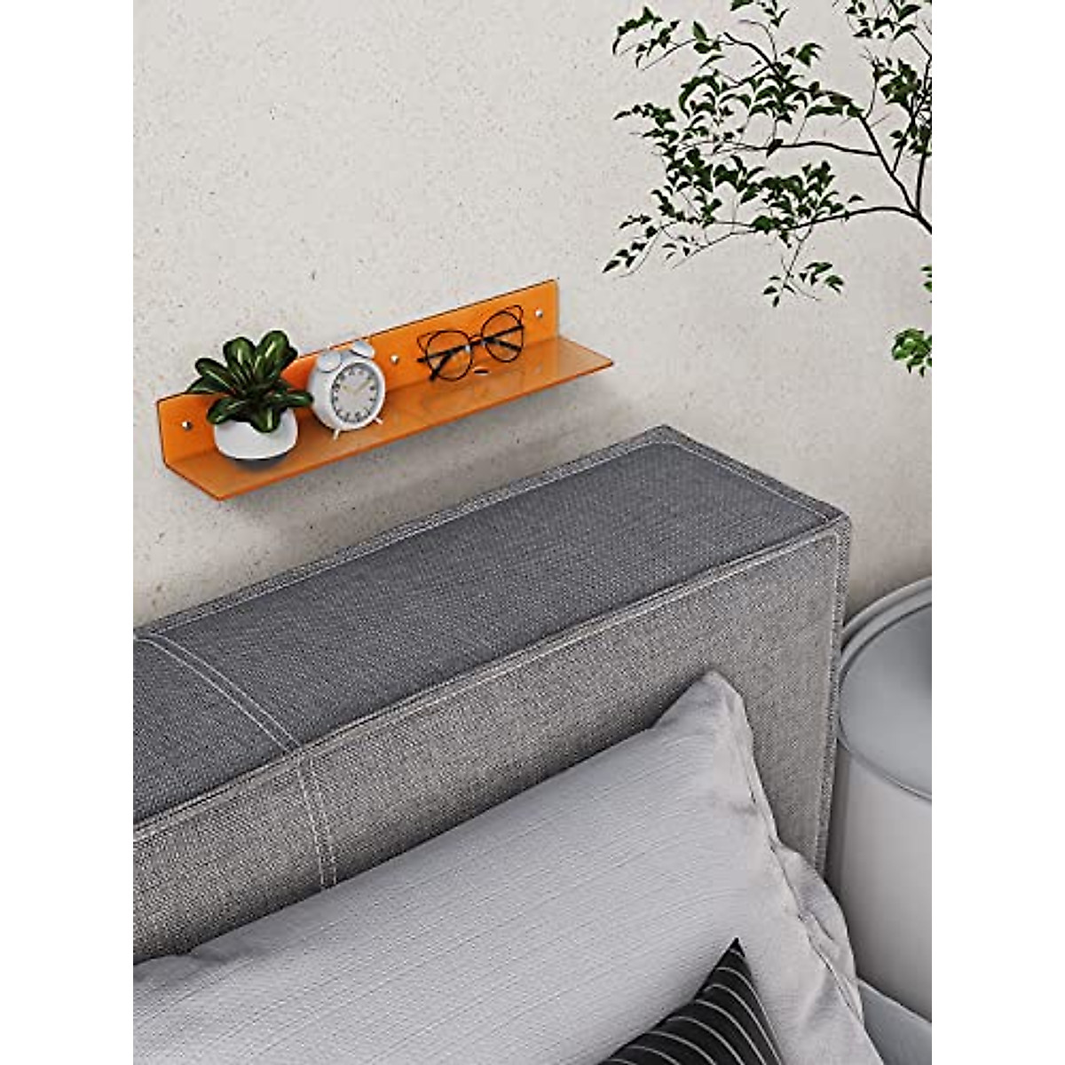 Weronique Floating Shelves Small Acrylic Shelf with 2 Installations Wall Mounted Thicker Display Shelves Set of 2 for Smart Speaker/Action Figures/Security Camera, with Cable Clips, Neon Orange