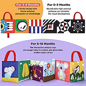 Baby Books 0-6 Months, Newborn Toys, High Contrast Baby Toys with Mirror and Teether, Baby toys 3-6-12 Months, Infant Toys 0-3 Months, Tummy Time Toy, Soft Sensory Touch Feel Book Crib Toy Shower Gift