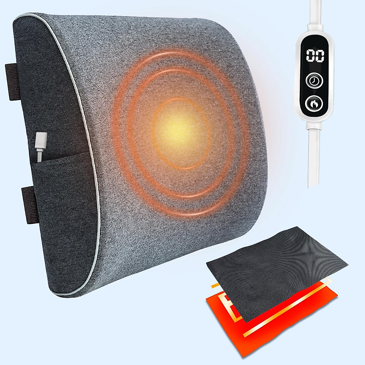 Heated Lumbar Support for Office Chair Memory Foam Back Cushion with Heating Pad for Back Pain Relief, Lumbar Pressure Decompression, Sciatica Pain Release