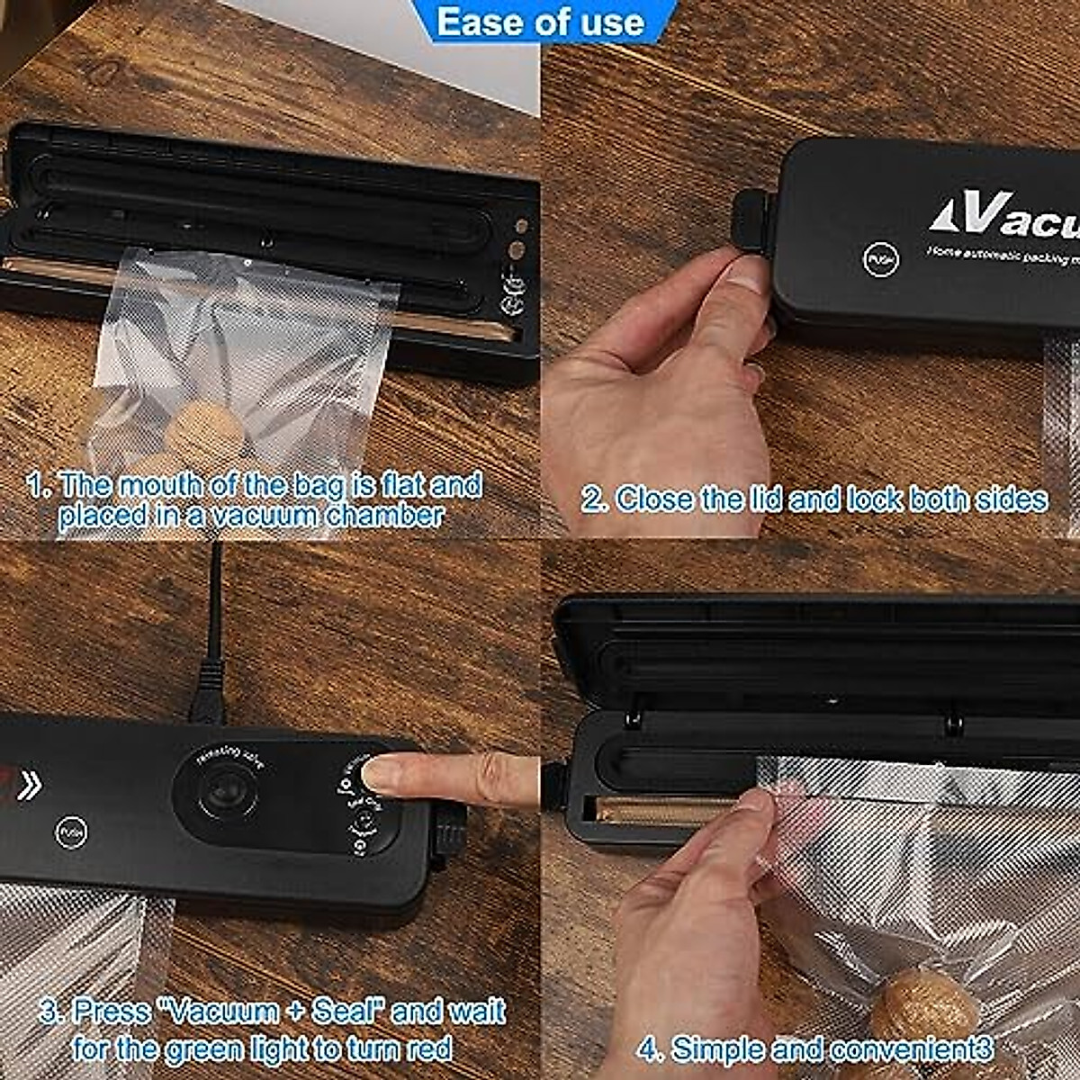 Automatic Vacuum Sealer for Food Meat Cooking Cold Storage Beef Fish Vegetables and Leftovers (Black, One Size)