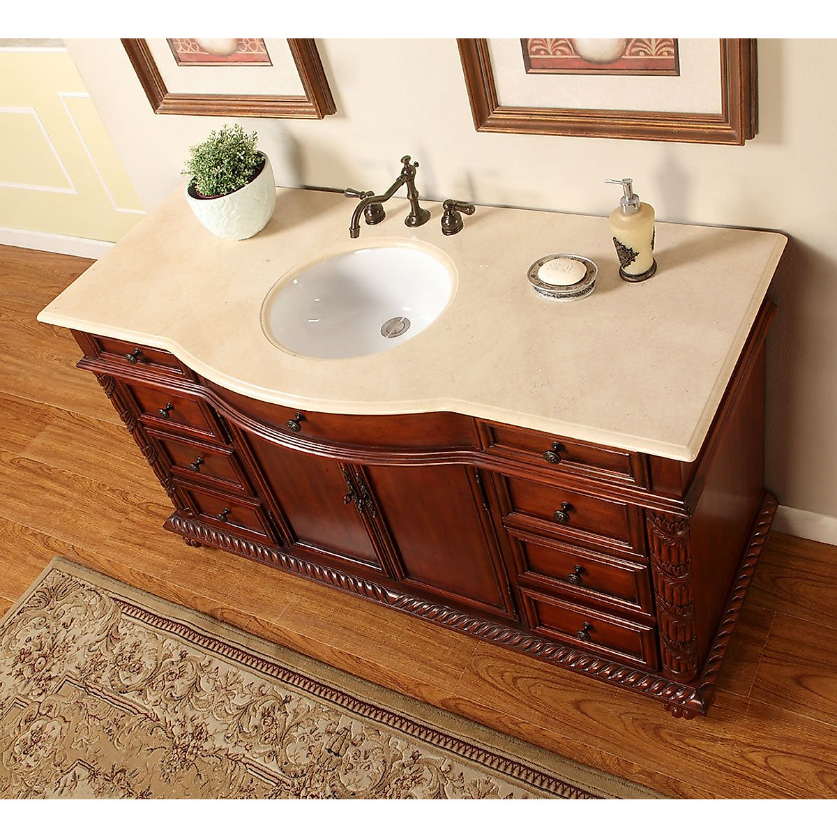 Silkroad Exclusive FS-0268-CM-UWC-60 Creamy Marble Stone Single Sink Bathroom Vanity with Furniture Cabinet, 60", Medium Wood