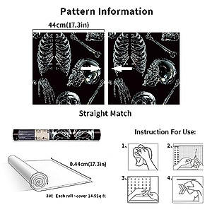 Peel and Stick Wallpaper Gothic Wallpaper Clear Crystal Skull Wallpaper Black Removable Wallpaper Removable Accent Wall Decorations Temporary Wallpaper for Bedroom & Halloween Party 17.3"x118.1"