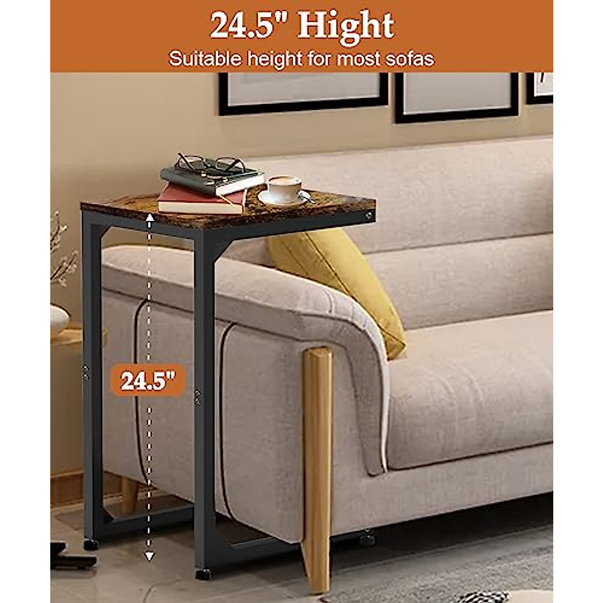 Artigarden C Table End Table with Metal Frame Small Side Table for Couch, Sofa TV Tray Table for Living Room, Bedroom, Bedside Matte Black