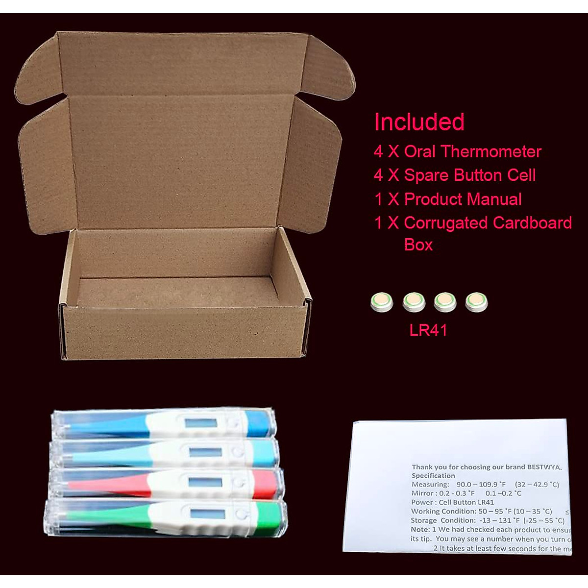 BESTWYA Oral Thermometer, Digital Thermometer for Oral, Rectal or Under Arm Use (A, Pack of 4)