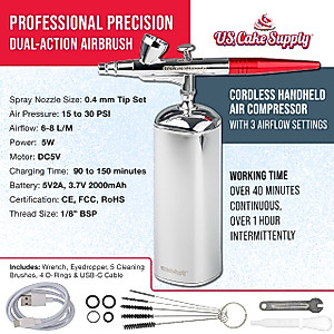U.S. Cake Supply - Cordless Handheld Airbrushing System Kit - 15 to 30 PSI, Rechargeable Professional Airbrush Artist Set, How to Guide - Decorating Cakes, Cupcakes, Paint, Hobbies Crafts, Makeup, Art