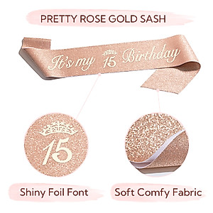 Bella Meri 15th Birthday Gifts for Girls, 15th Birthday Tiara Crown, Sash, Cake Toppers,Birthday Candles, 15 Birthday Decorations Women