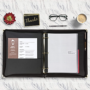 Samsill Classic Professional Binder, 3 Ring Binder with 1.5 Inch Brass Round Rings and Zipper Closure, Portfolio Binder, Brass Corner Accents, Black