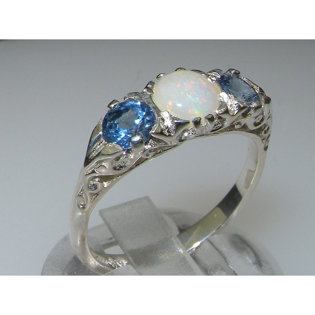 LetsBuyGold 925 Sterling Silver Natural Opal and Sapphire Womens Anniversary Ring - Size 7.25