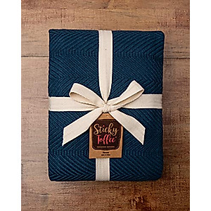 Cotton Throw Blanket for Couch, 60x50 in, Woven Warm and Soft Lightweight Blue Throw, Herringbone Weave Boho Farmhouse