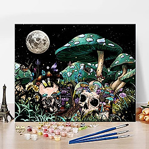 TUMOVO Mushroom Paint by Numbers Hippie Skull Painting Kits by Number for Adults Kids Snail Butterfly Moon Phase Fantasy Plants Canvas Wall Decor Acrylic Pigment for Home Living Room Decor 16"x20"