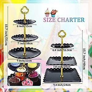 3 Sets of 3-Tier Plastic Cupcake Stand Dessert Plates Mini Cake Fruit Candy Display Tower Reusable Tiered Serving Tray Round Square Pastry Cake Rack Holder Tray for Wedding Birthday (Black)