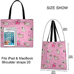 visesunny Women's Extra Large Canvas Tote Shoulder Bag Cute Cartoon Pug Top Storage Handle Shopping Bag Casual Reusable Tote Bag for Beach,Travel,Groceries,Books