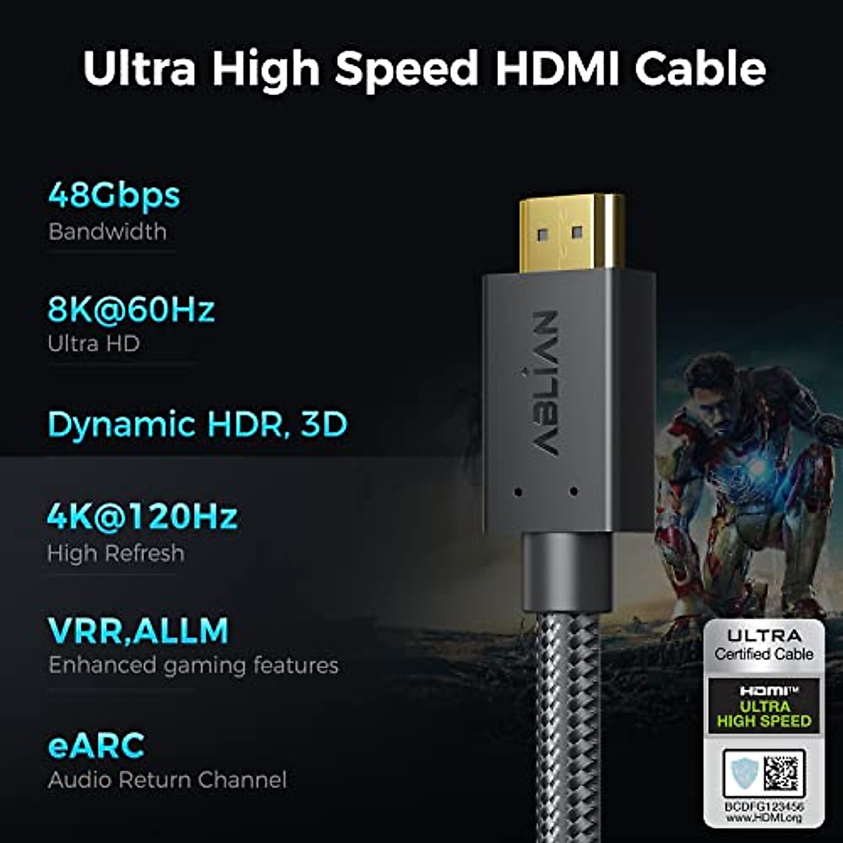 8K HDMI Cables 15 ft, Ultra high Speed HDMI 2.1 Cable 48Gbps 4K120Hz 8K60 144Hz eARC HDR10, HDCP 2.2& 2.3 3D, Compatible with Apple TV 4K Roku HDTV Blu-ray PS5/4 Xbox X RTX3090