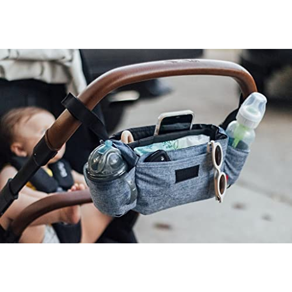 Lei Lei & Co Stroller Caddy Organizer – Baby Stroller Organizer with Protective Pocket, Stroller Phone Holder, Baby Cup Holder, Diaper Holder, & Adjustable Stroller Straps (Blue)