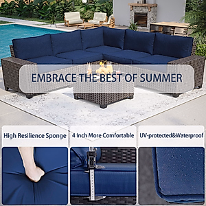 GAOMON 6 Pieces Outdoor Patio Furniture Set, Wicker Patio Conversation Set Sectional Sofa, Brown Patio Sofa with 5 Navy Blue Seat Cushions and 1 Glass Coffee Table