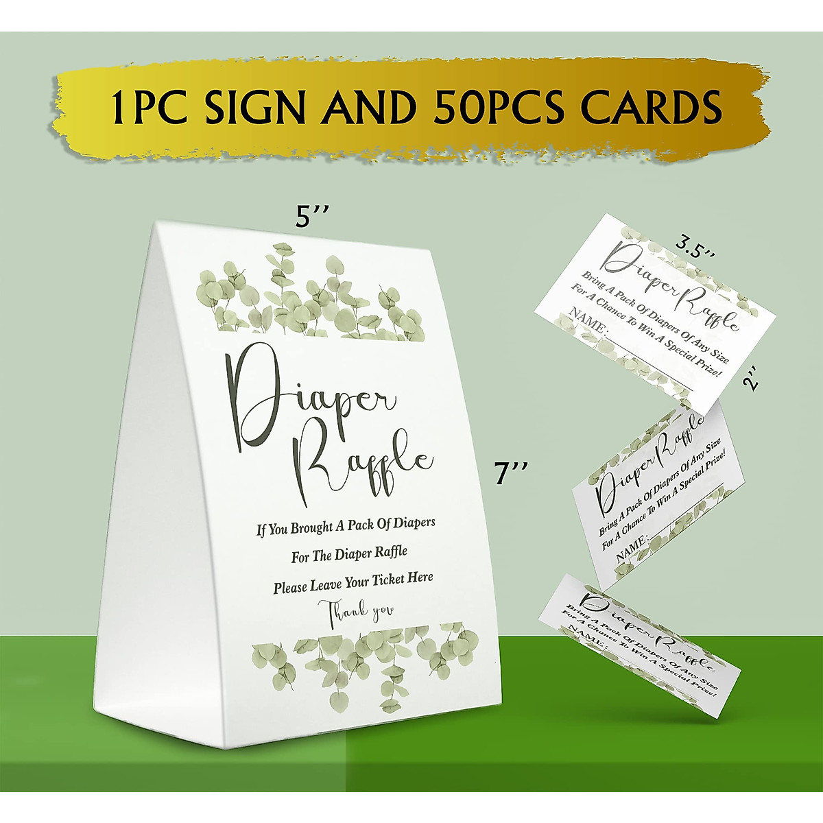 Diaper Raffle Sign,Diaper Raffle Baby Shower Game Kit (1 Standing Sign + 50 Guessing Cards),Greenery Insert Ticket,Baby Showers Decorations,Card for Baby Shower Game to Bring a Pack of Diapers-XN04