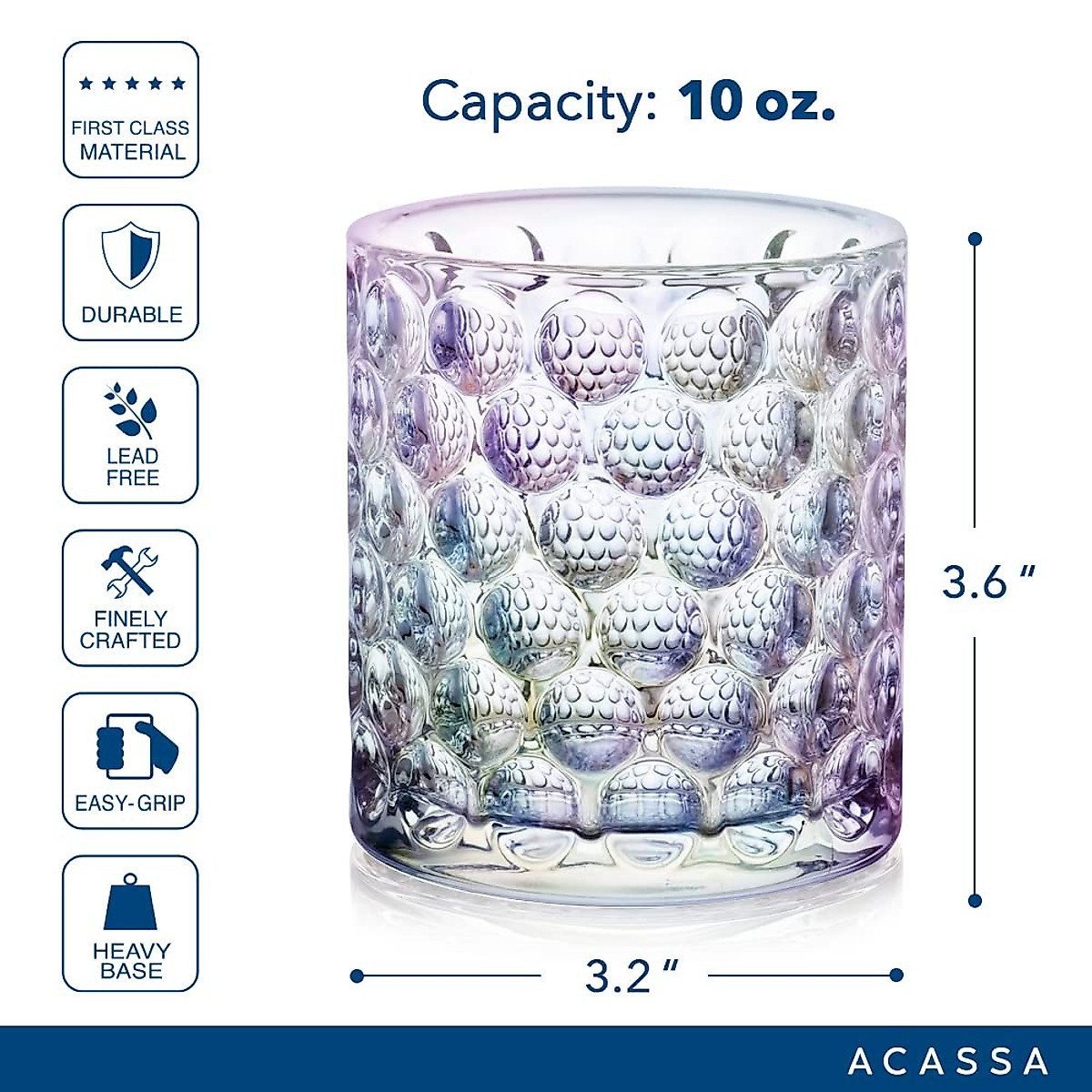 ACASSA, Gin and Tonic Glassware, Iridescent Drinking Glasses, Romantic Water Glasses, Bubble Design Drinking Glasses, Hobnail Drinking Glasses, Wine, Cocktail, Lowball, Bourbon, Whisky, Scotch Glasses