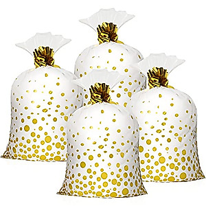 4 Pieces Plastic Multi-Color Dot Bags (36 x 48 Inch) with 4 Pieces Pull Flowers Large Packaging Wrapping Present Bags for New Parents Baby Shower Birthday Wedding Christmas Engagement Party (Golden)