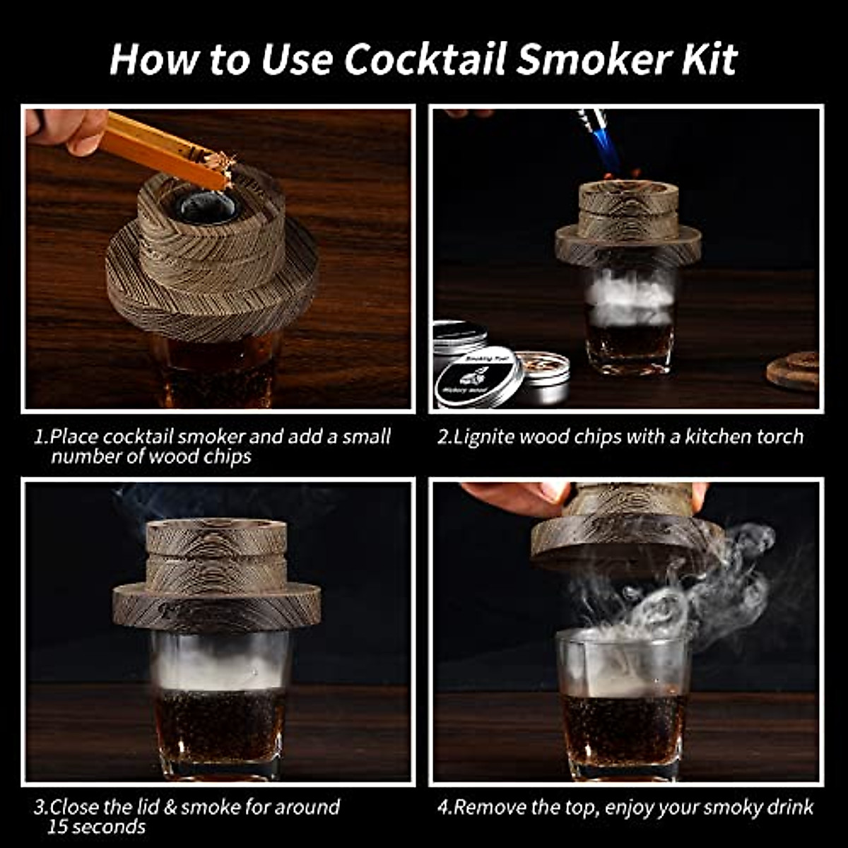 Fkamz Whiskey Smoker Kit with Torch, Cocktail Smoker Kit Gifts for Men, Bourbon Smoker Kit with 6 Flavors Wood Chips Old Fashioned Drink Smoker Infuser Kit - Gift for Whiskey Lovers, Dad, Husband, Men (Butane Not Included)