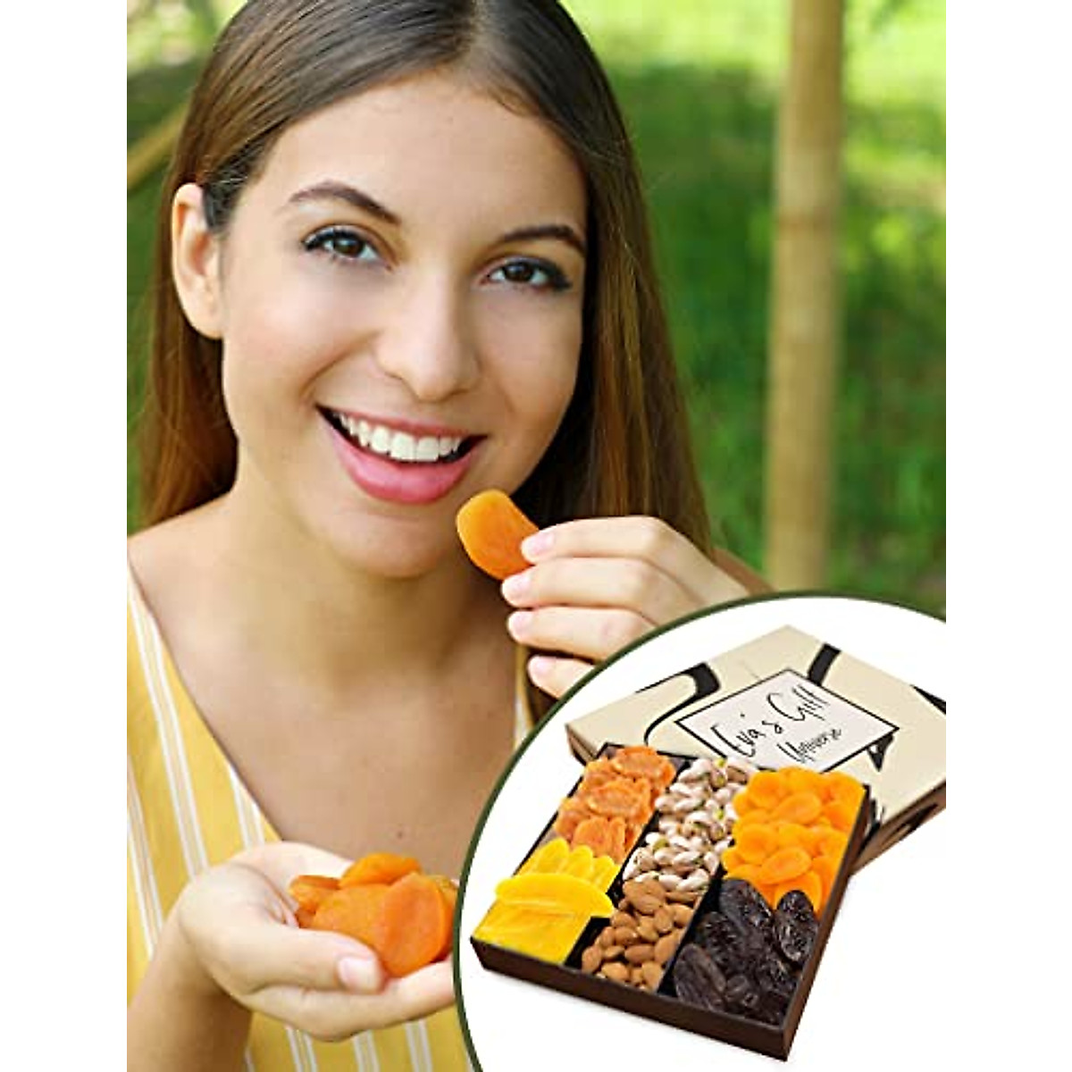 Anna and Sarah Gift Basket Mixed Dried Fruit and Nuts in Box Dried Pears, Fancy Medjool Dates, Dried Apricot, Dried Mango, California Pistachio and Raw Almond (6 Assortments) ,Holiday, Birthday, Healthy Fruit Anniversary, Corporate Treat Box for Women, Me