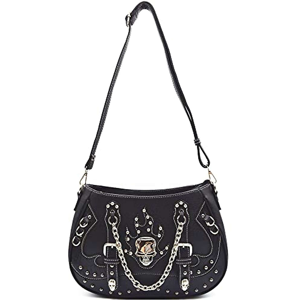 Punk Gothic Rock Metallic Skull Chain Purse Skeleton Leather Shoulder Bag Crossbody Bag Satchel Women Handbag Wallet Set (Black Set)