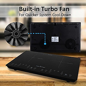 NutriChef Double Induction Cooktop - Portable 120V Digital Ceramic Dual Burner w/ Kids Safety Lock - Works with Flat Cast Iron Pan,1800 Watt,Touch Sensor Control, 12 Controls - PKSTIND48, Black